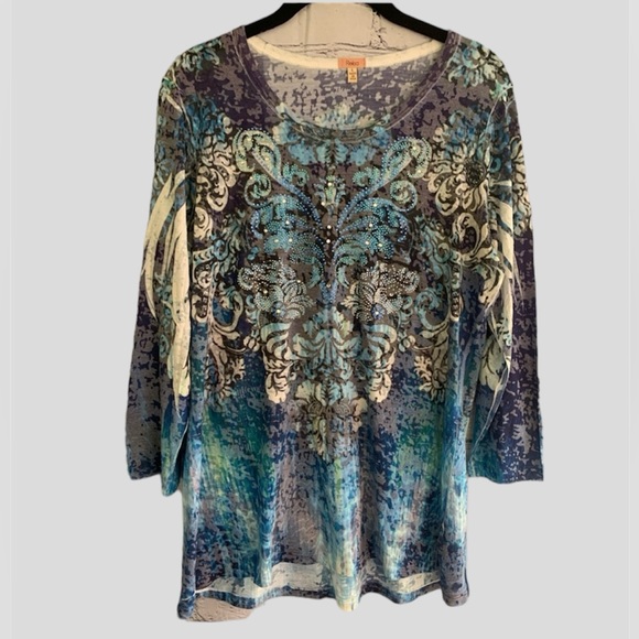Reba | Tops | Reba Embellished Burnout 34 Sleeve T Shirt Large | Poshmark